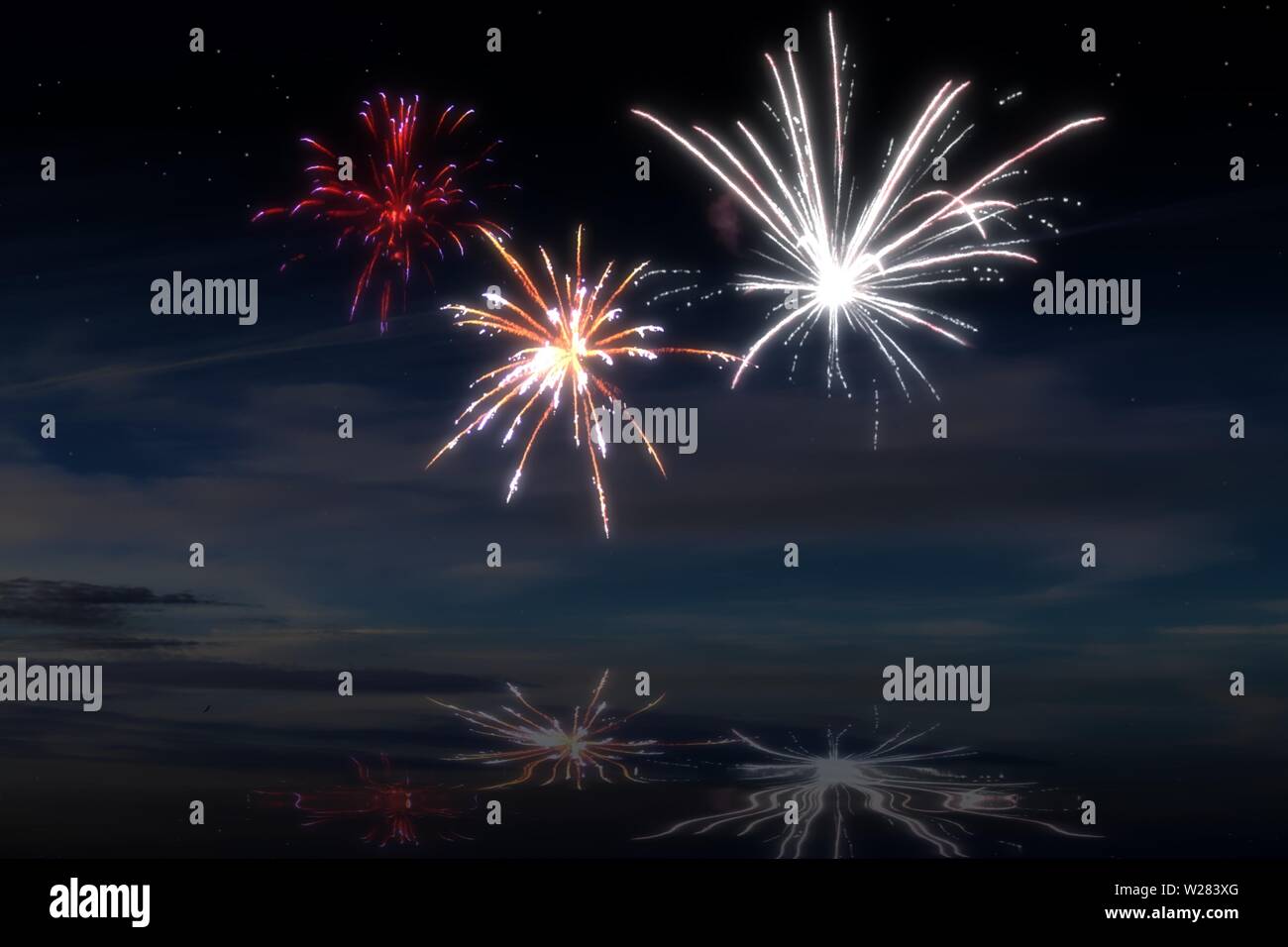 Beautiful and colorful fireworks on a late sunset sky with stars Stock ...