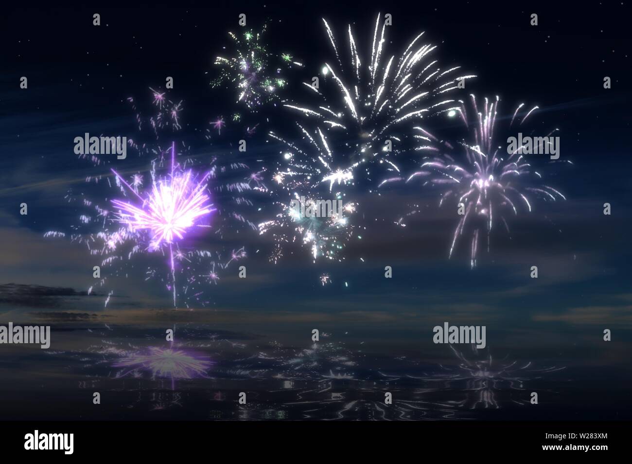 Beautiful and colorful fireworks on a late sunset sky with stars Stock ...