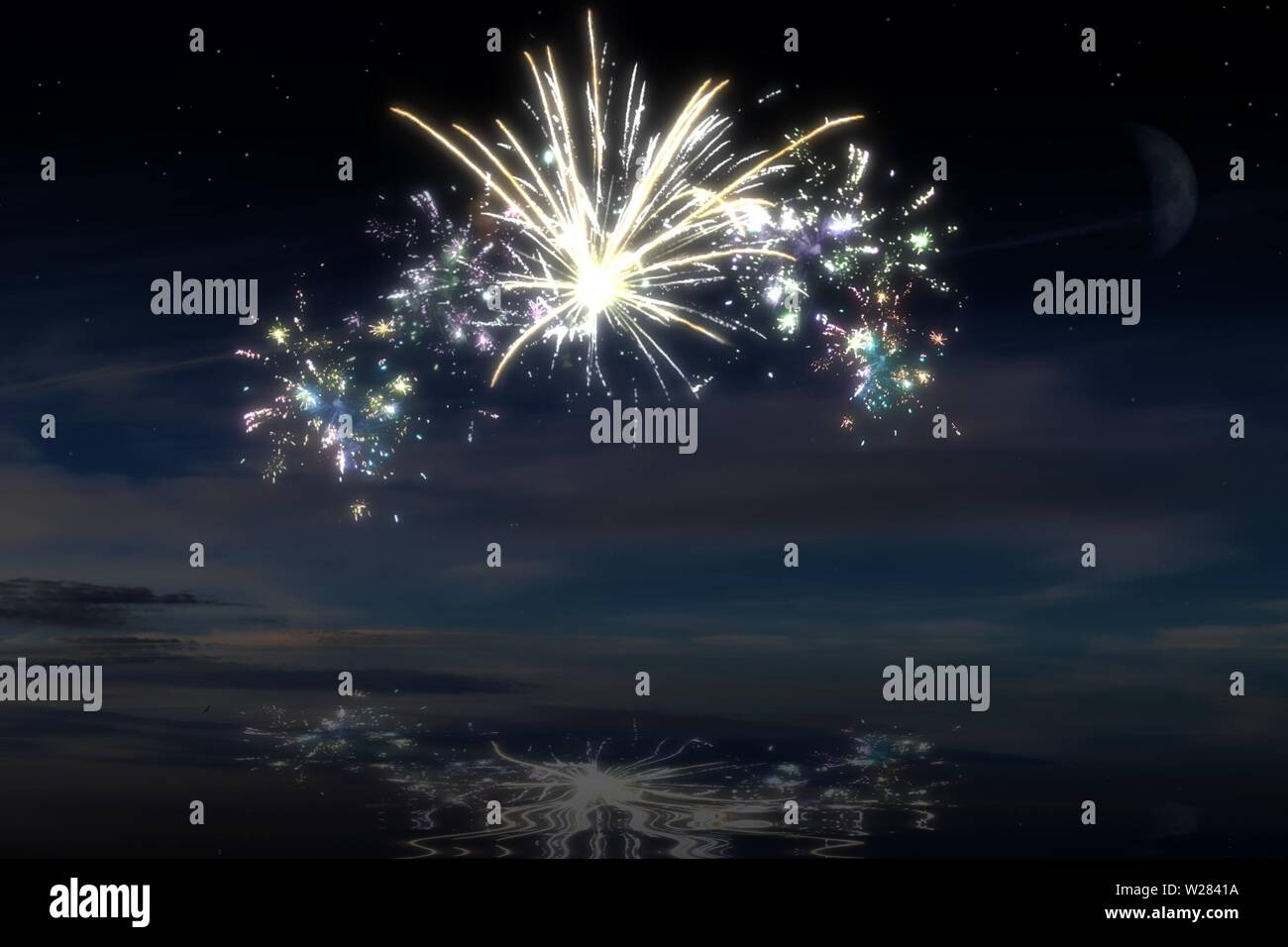 Beautiful and colorful fireworks on a late sunset sky with stars Stock ...