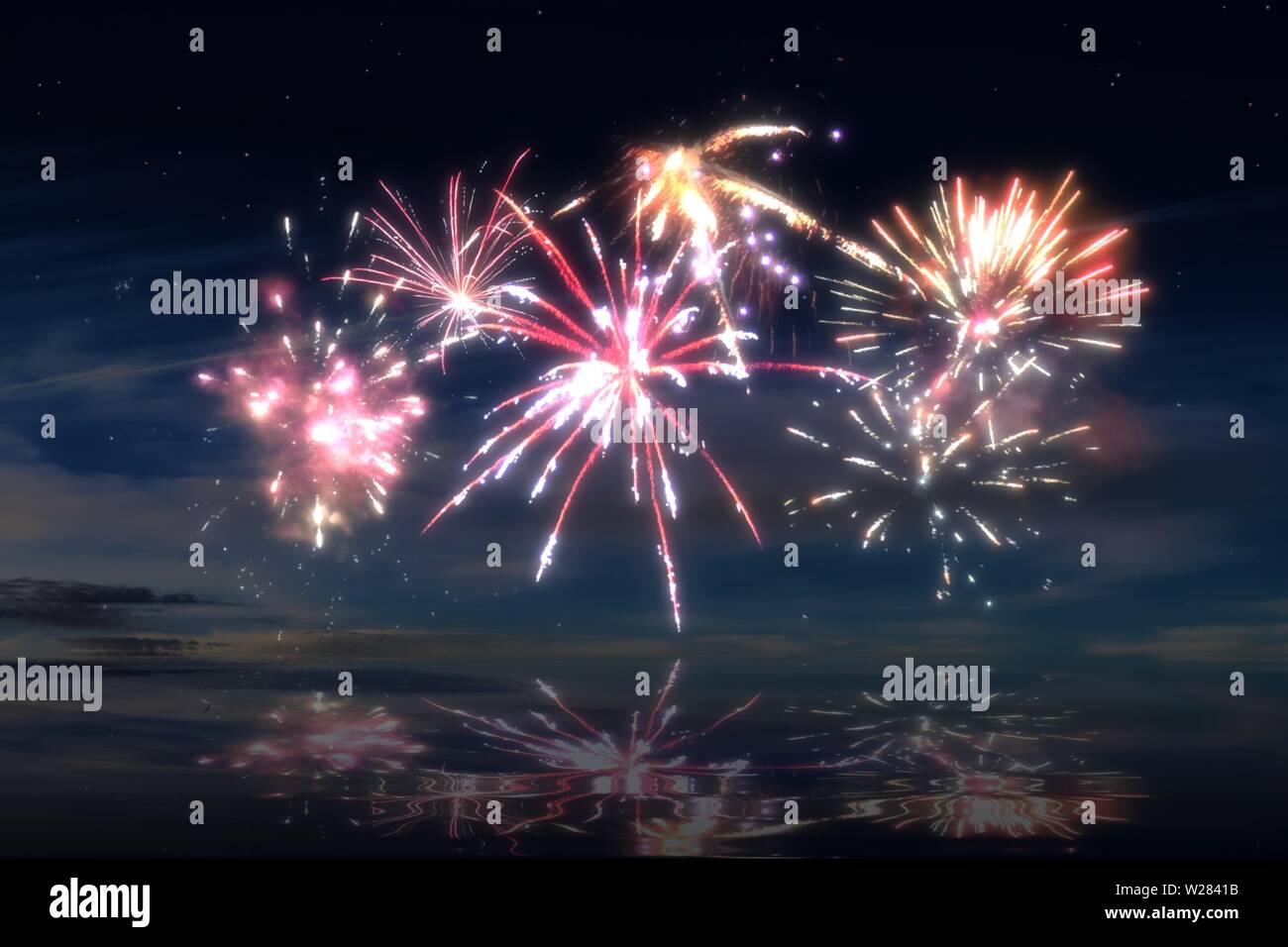 Beautiful and colorful fireworks on a late sunset sky with stars Stock ...