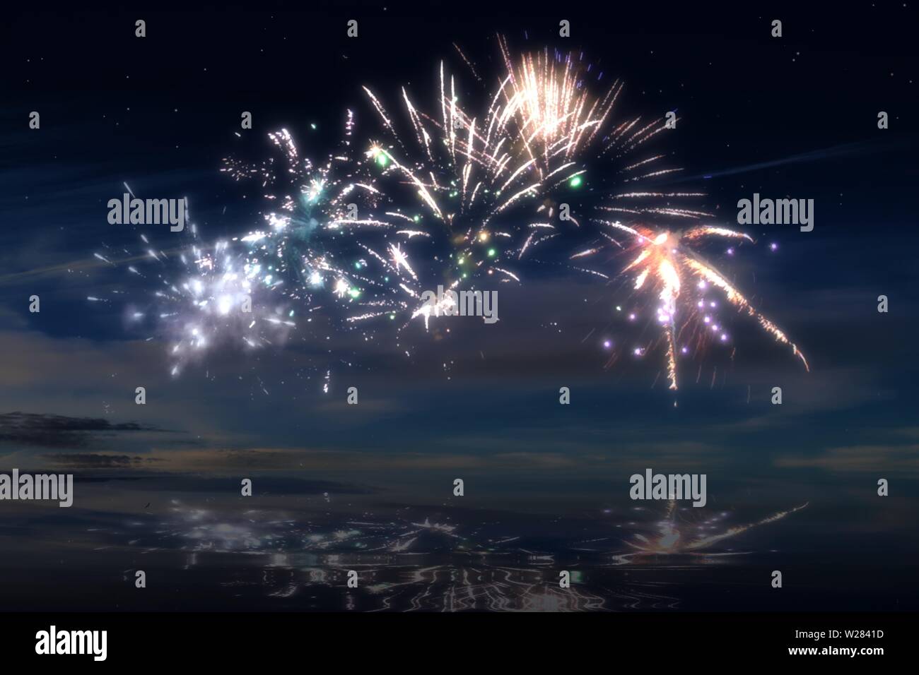 Beautiful and colorful fireworks on a late sunset sky with stars Stock ...