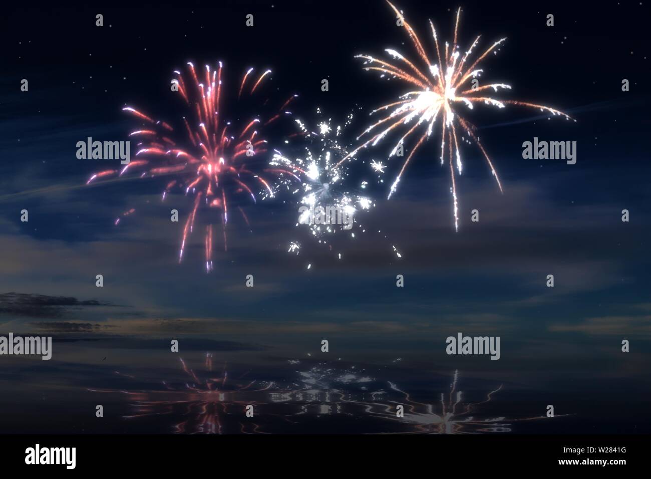 Beautiful and colorful fireworks on a late sunset sky with stars Stock ...