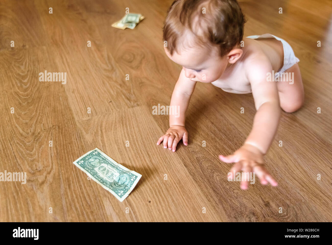 Baby happy to earn his own money, dollar bills that a father gives his ...