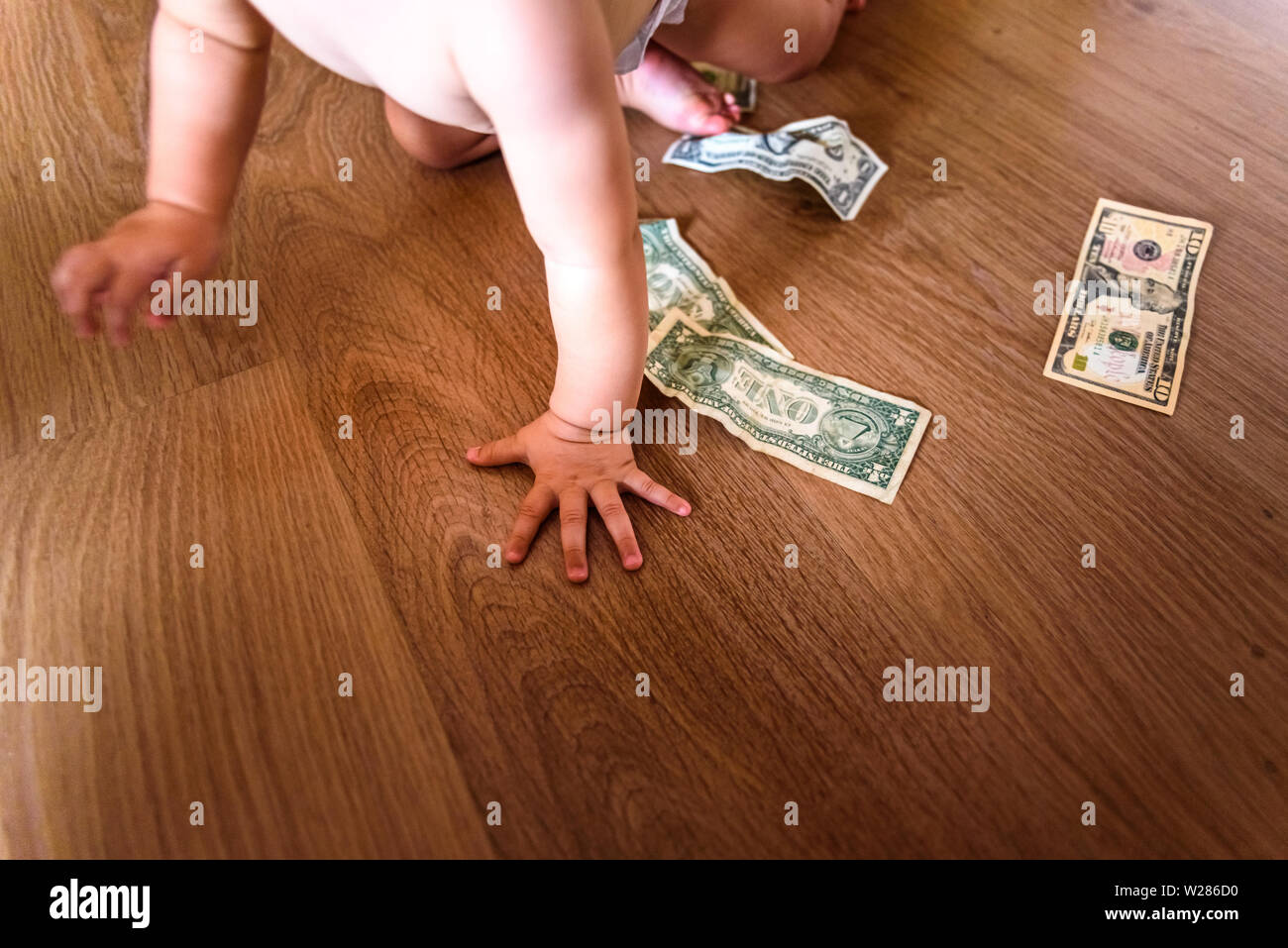 Baby playing with some dollar bills he has found on the floor of his ...