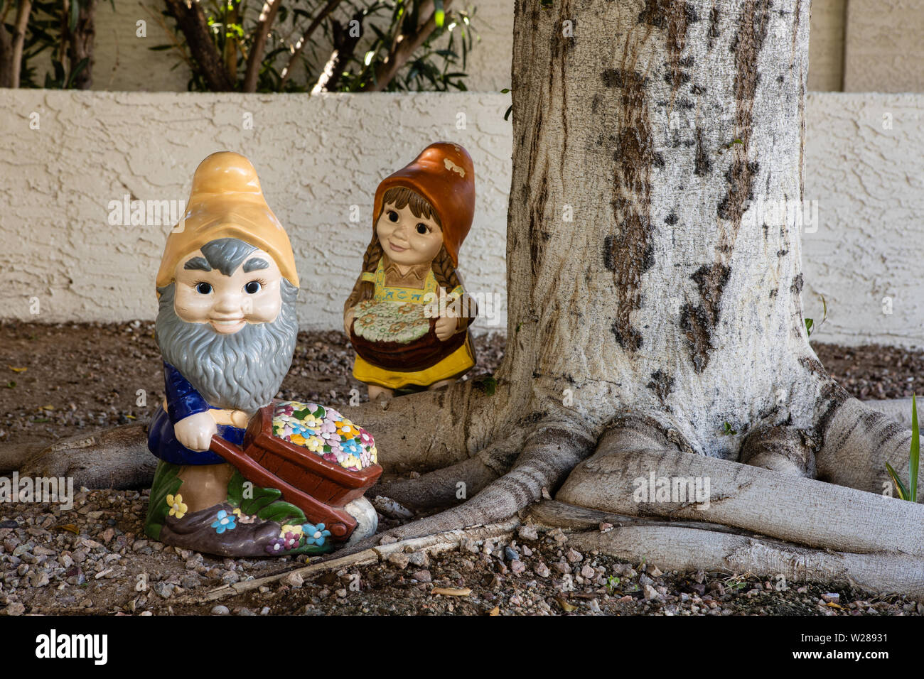 Two ceramic garden gnomes working together by a tree trunk with roots ...