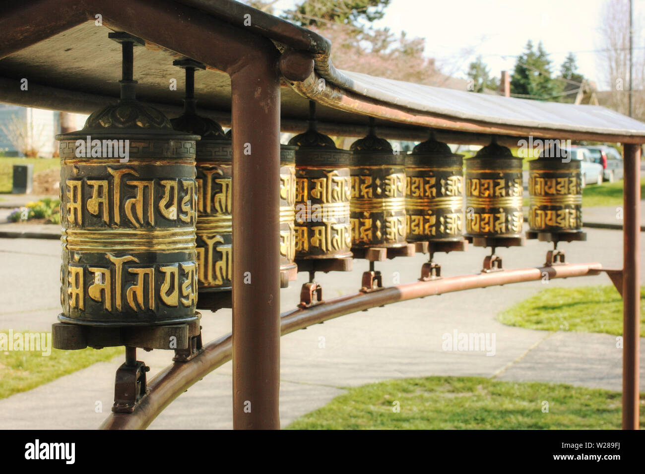 Close up of bBuddhist street prayer drums located at The Seattle ...