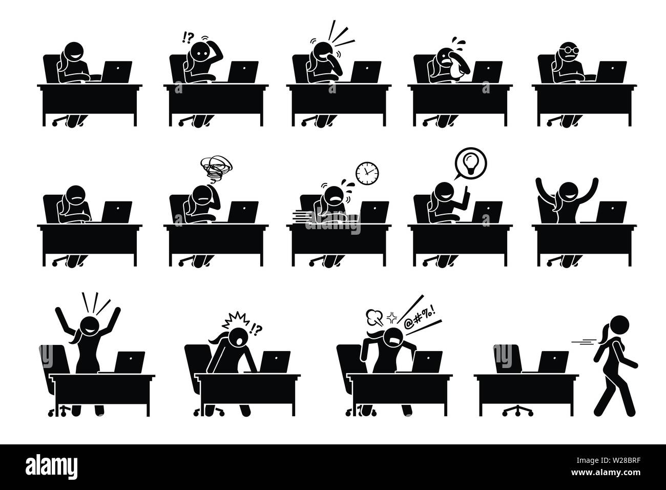 Girl using computer with various poses, actions, feelings, and emotions ...