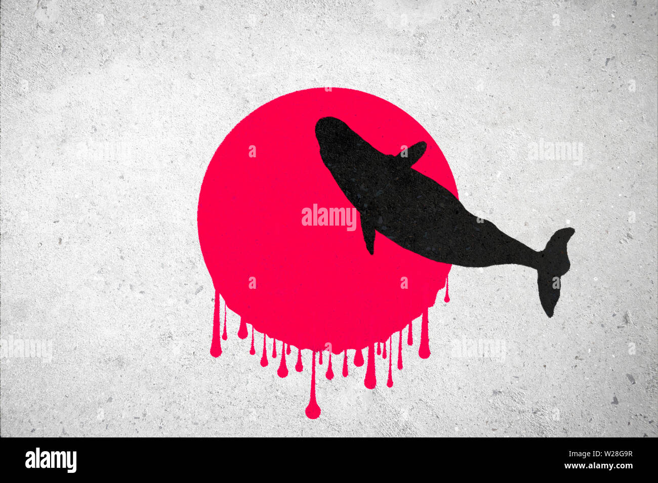 Japanese flag with silhouette of whale with splotches of red in an anti ...