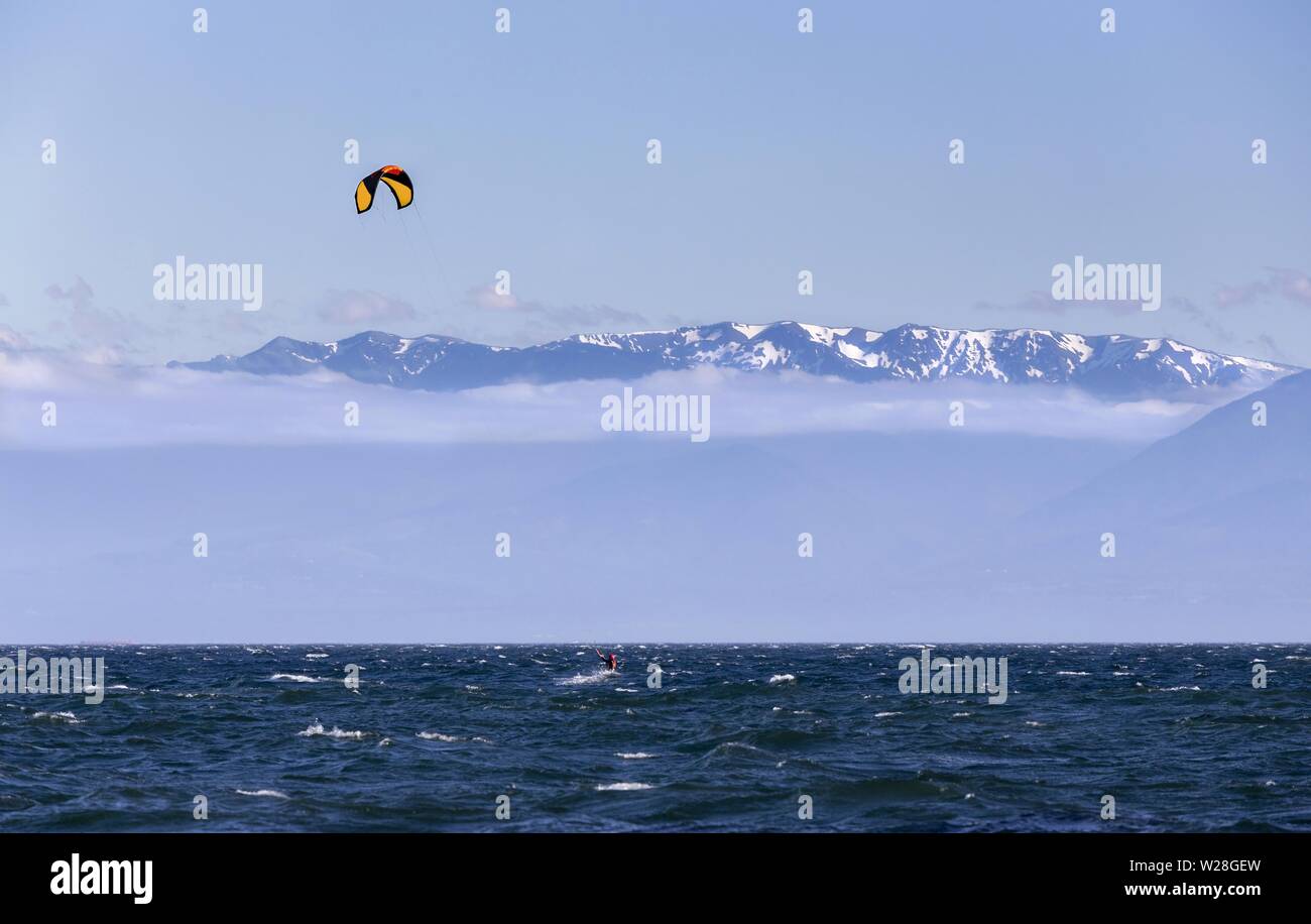 Person Windsurfing Juan De Fuca Strait Water Waves. Windy Day James Bay ...