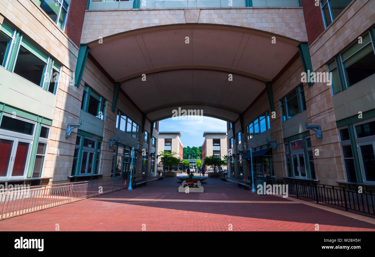 A covered walkway between buildings on the north side by the Allegheny ...