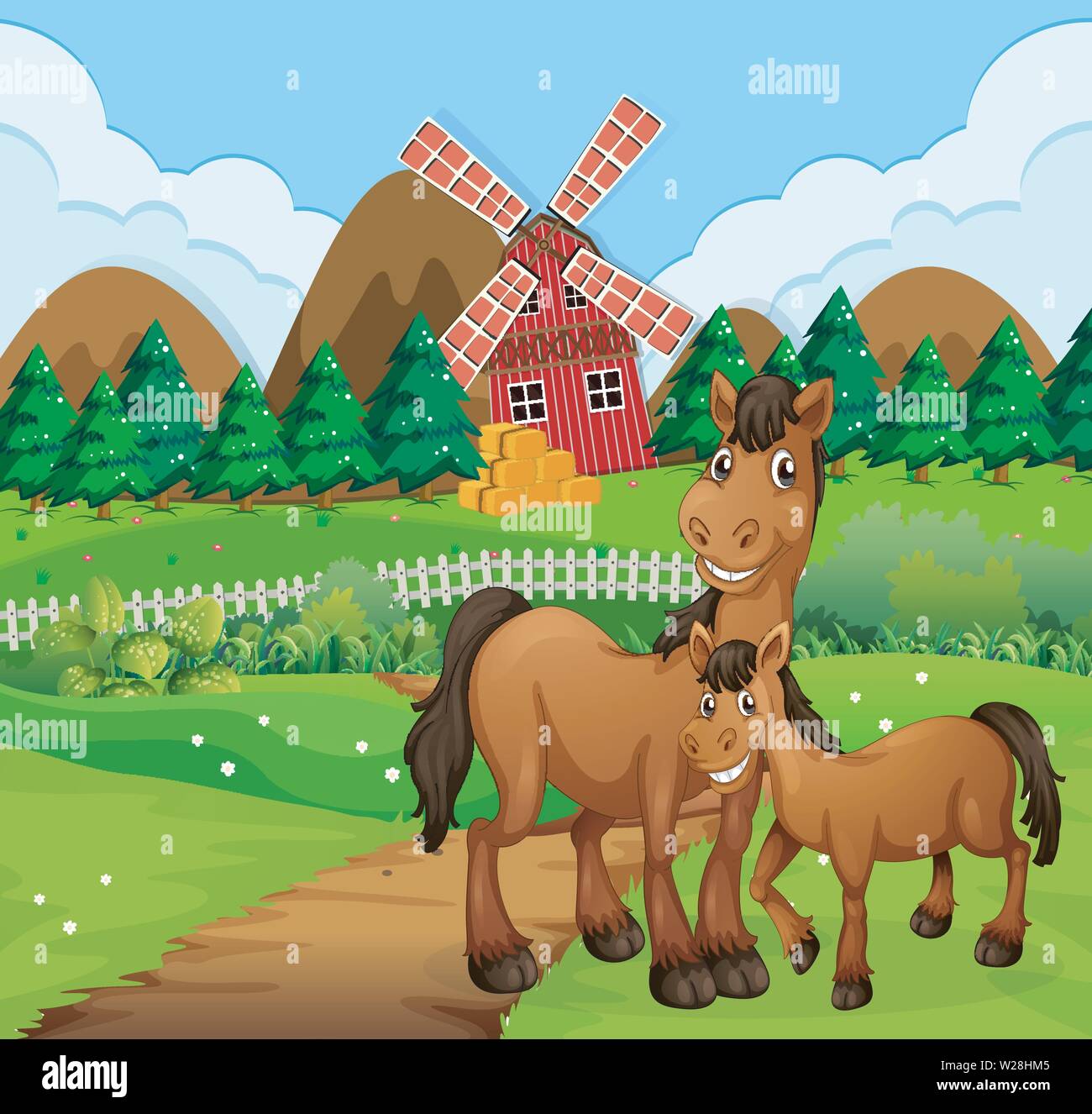 Horses in farm scene illustration Stock Vector Image & Art - Alamy