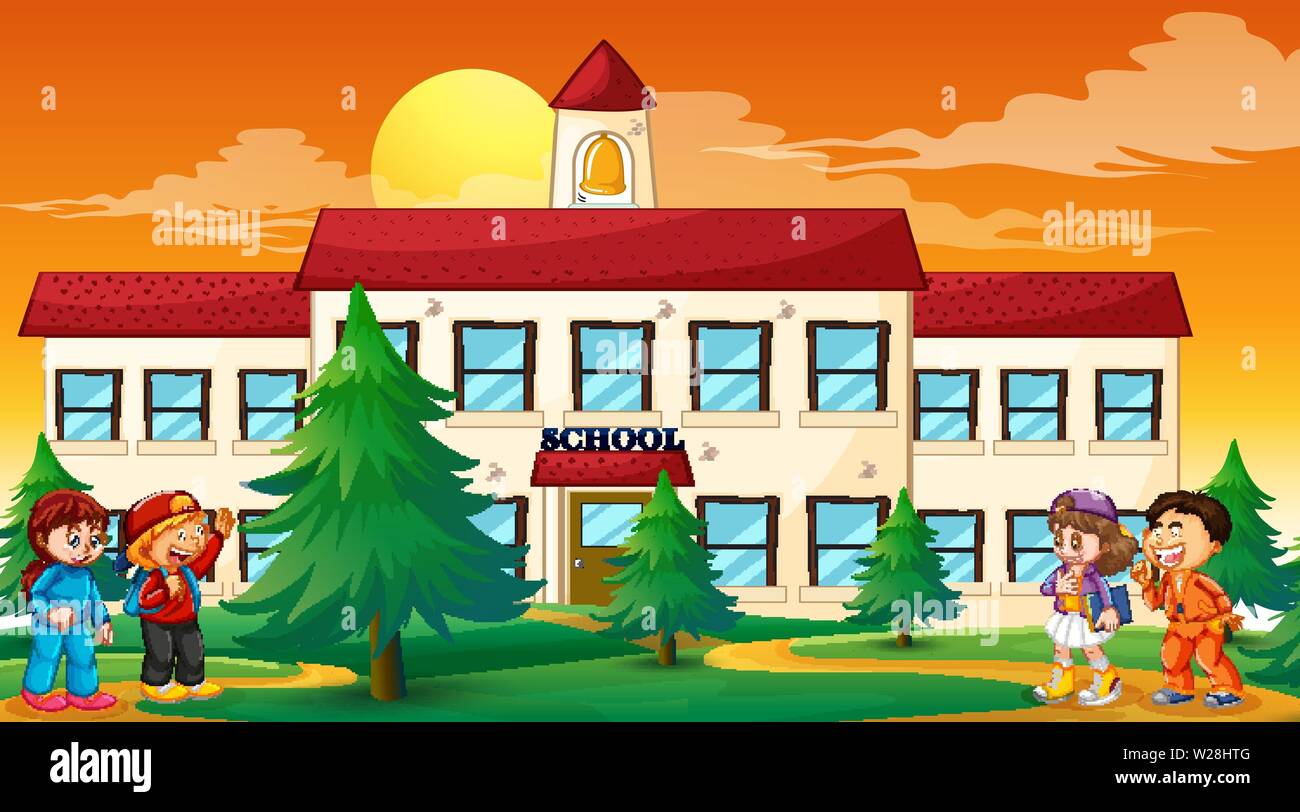 Children outside school scene illustration Stock Vector Image & Art - Alamy