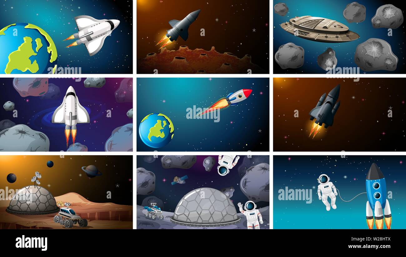 Set of space exploration scenes illustration Stock Vector Image & Art ...