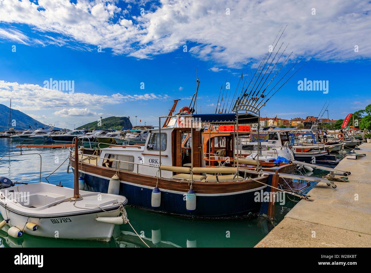 Budva, Montenegro - May 30, 2019: Anchored fishing boat awaiting ...