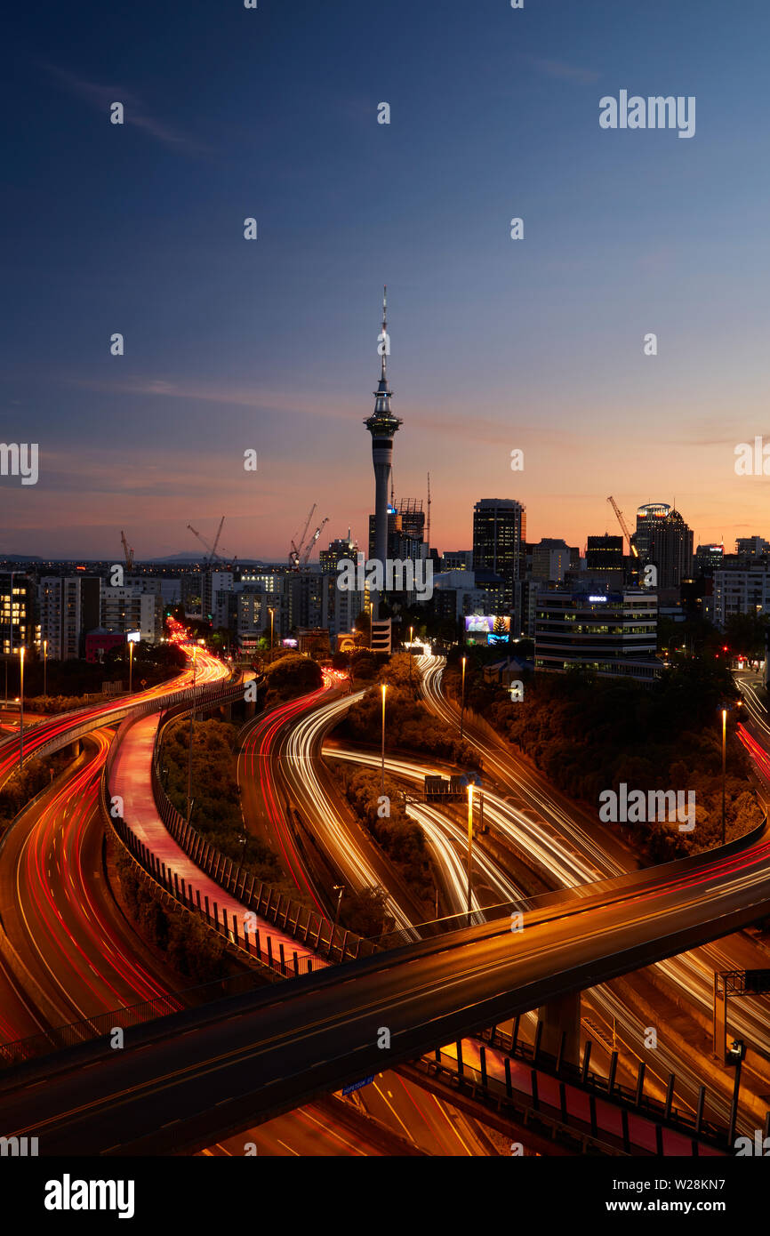 Motorways, Lightpath cycleway, and Sky Tower, Auckland, North Island ...