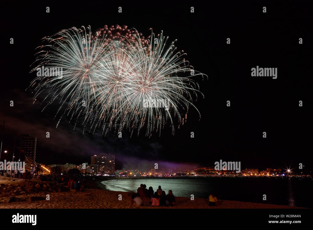 Beautiful firework in a small Spanish town Palamos, day of celebrating ...
