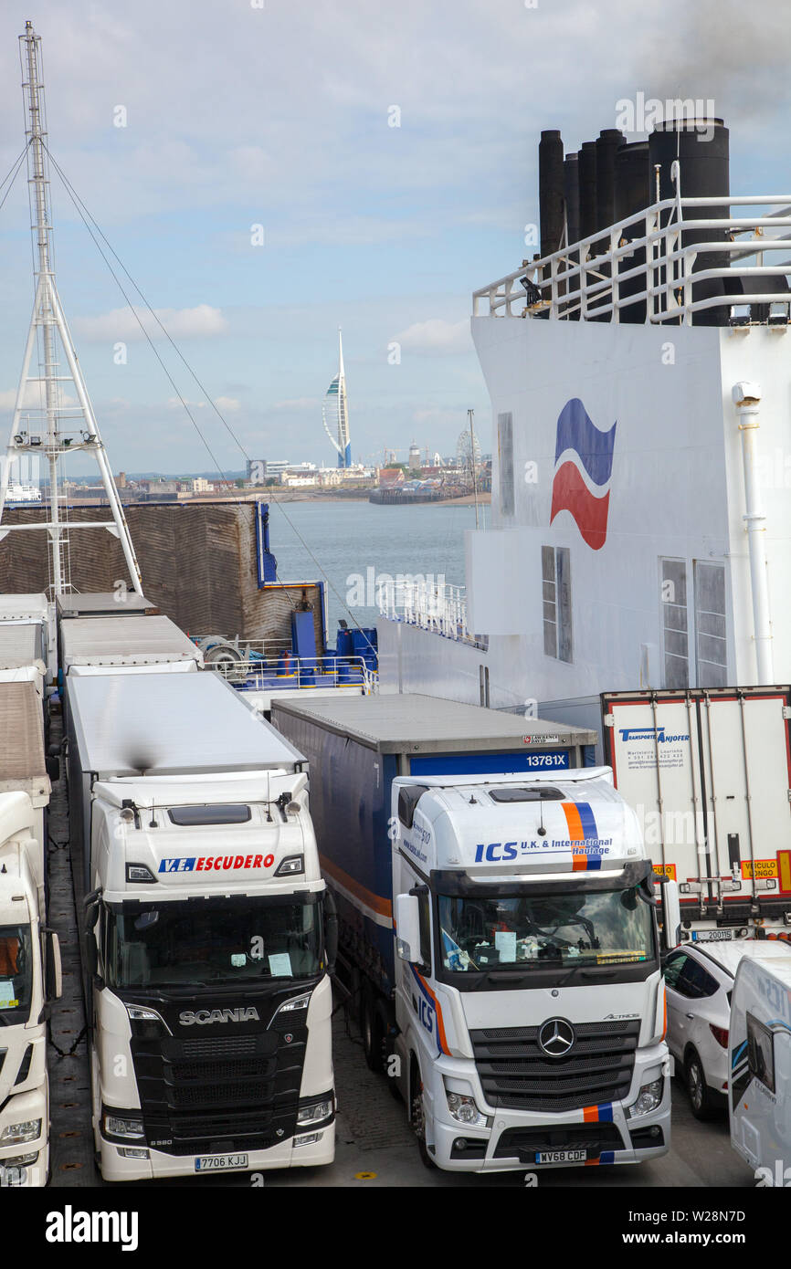 Wagons and lorries being loaded on to the Brittany ferries ship ...