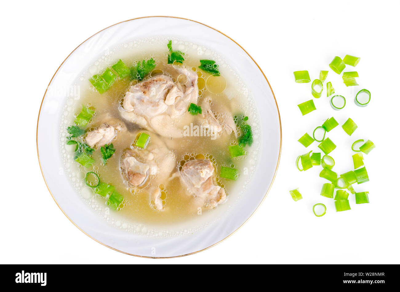 Broth with chicken meat Isolated on White background Stock Photo - Alamy