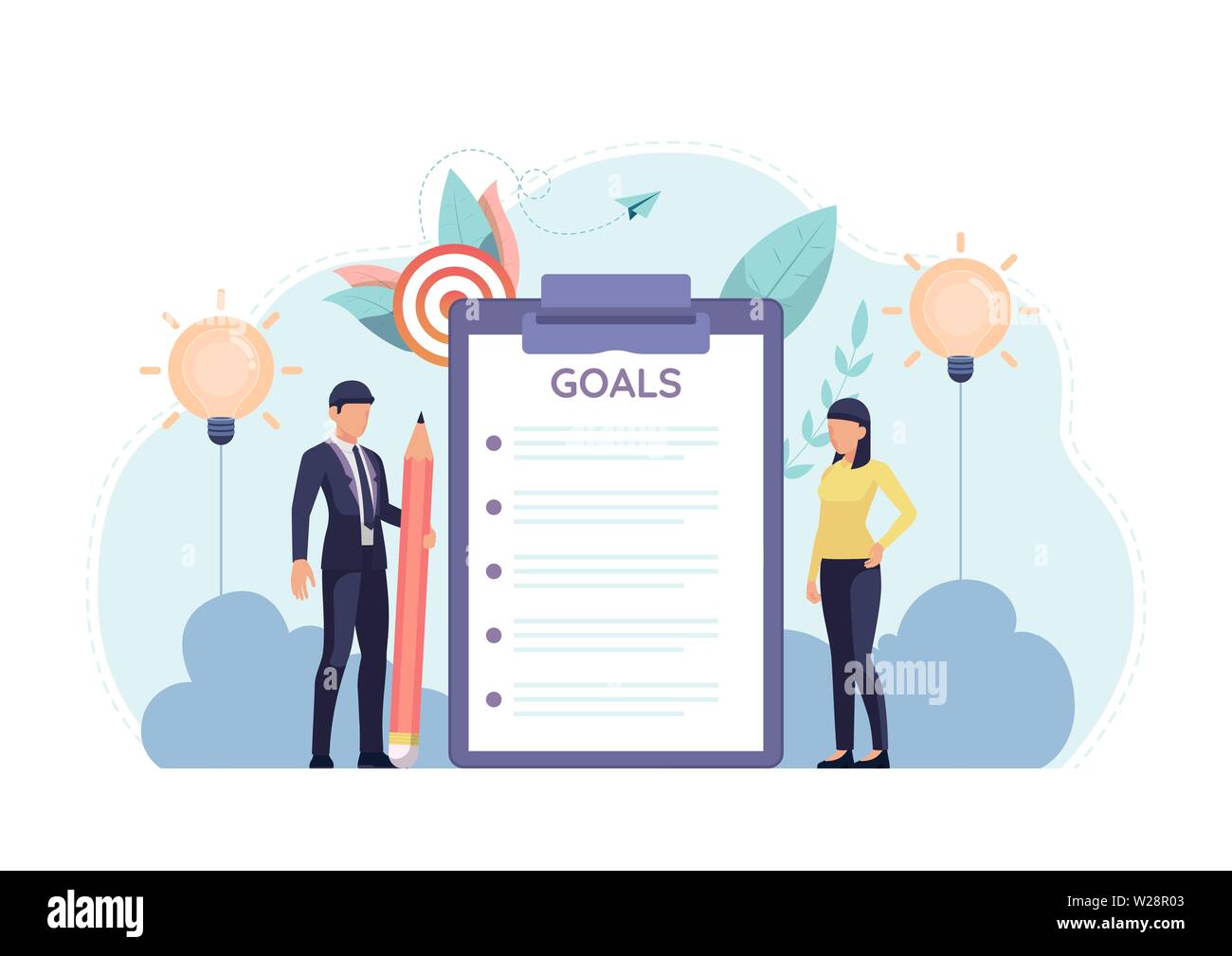 Businessman and businesswoman standing with goal setting checklist ... Businessman and businesswoman standing with goal setting checklist ...