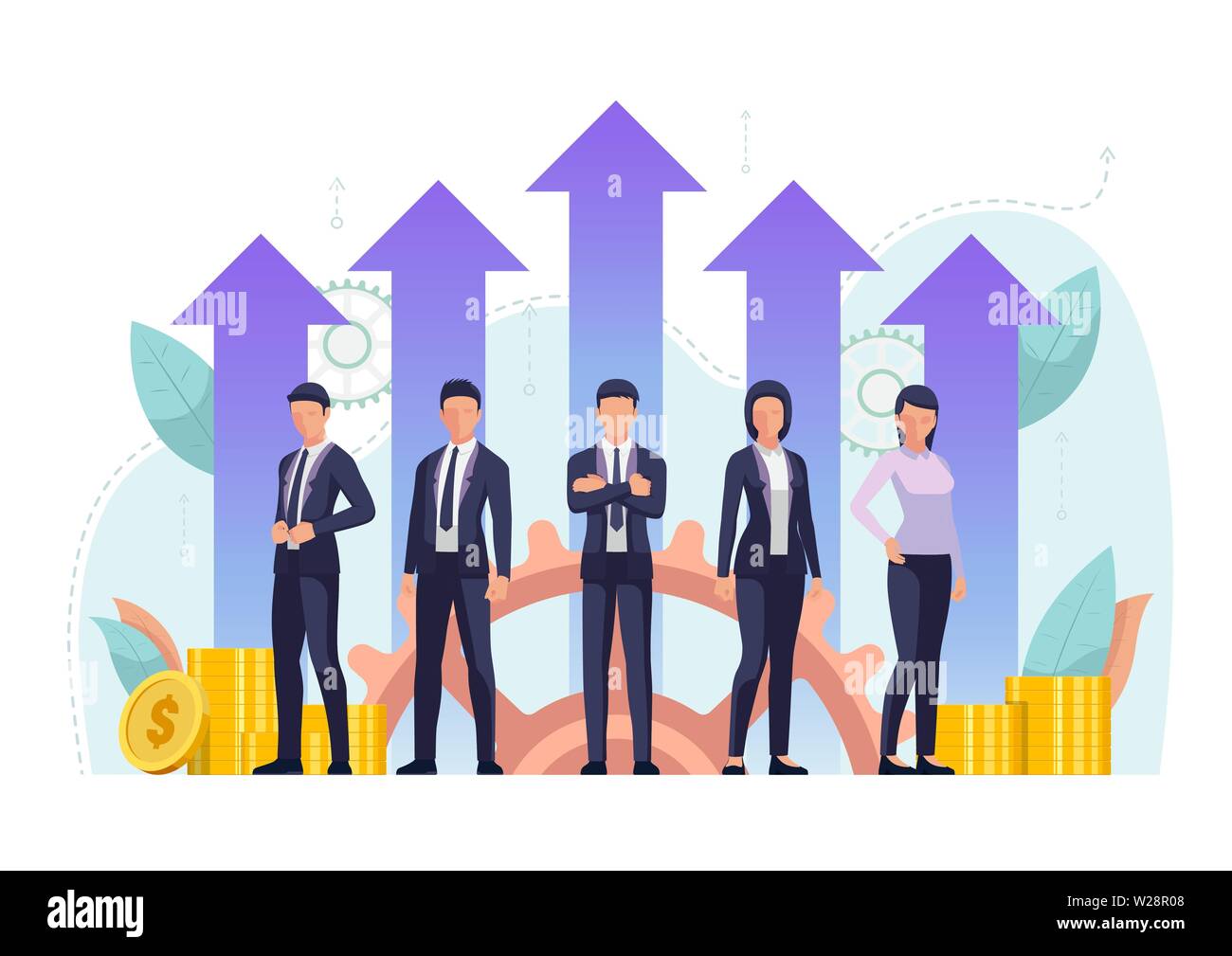 Successful business team standing together with growth financial arrow ...