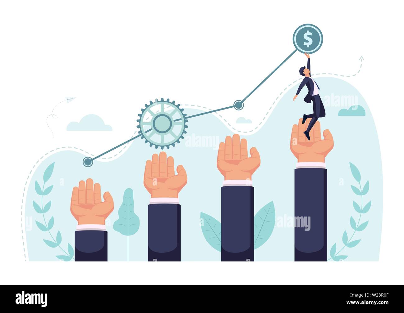 Flat 3d isometric businessman step up on business hand to reaching the ...