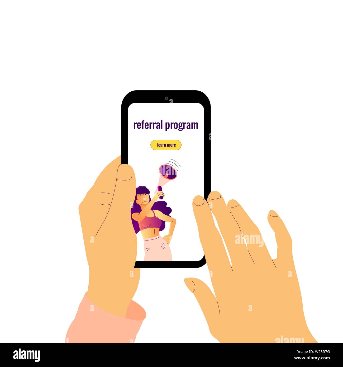 Human hands holding smartphone with text referral program Stock Vector ...