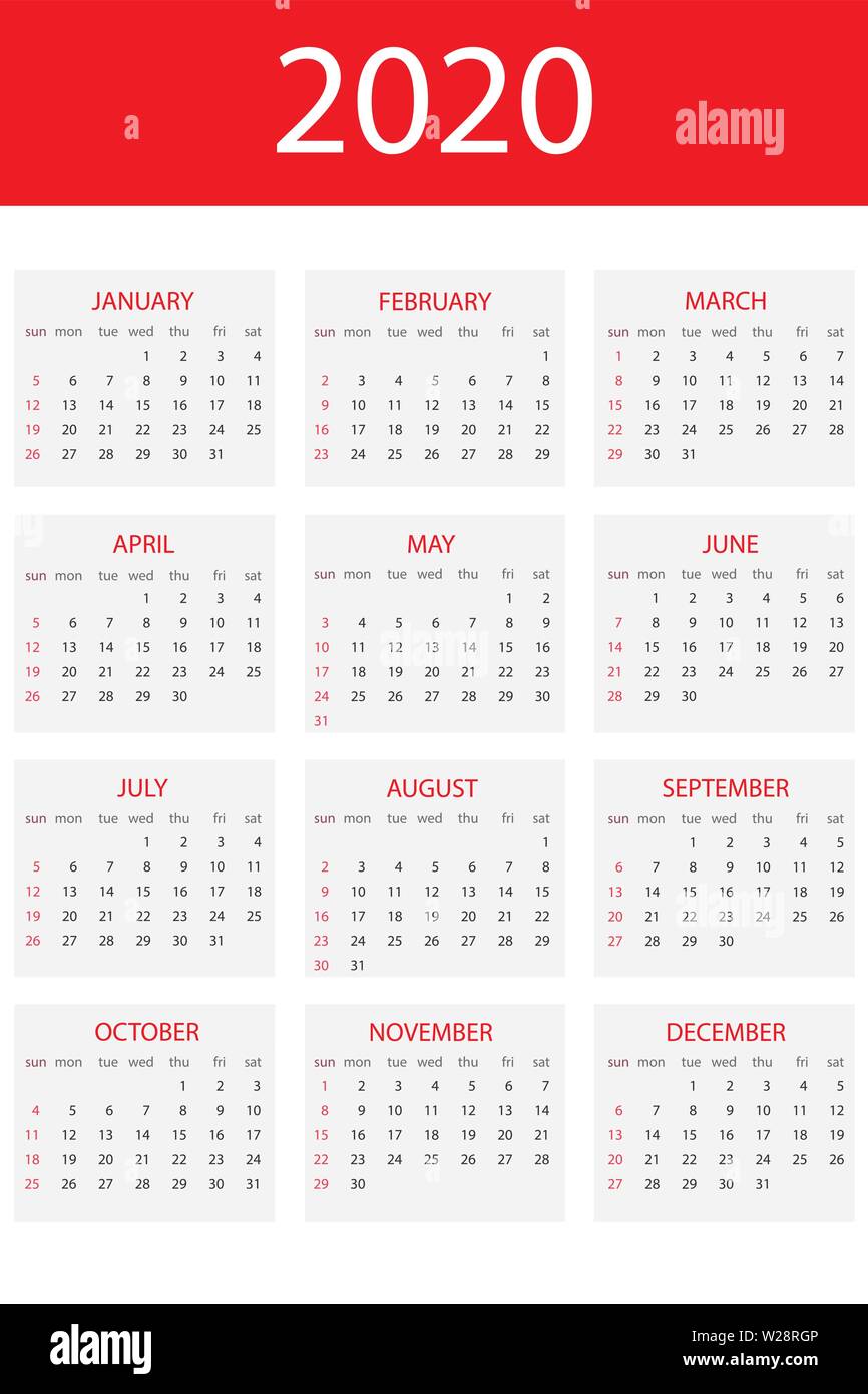 Calendar 2020 year, simple design template, vertical format, week ...