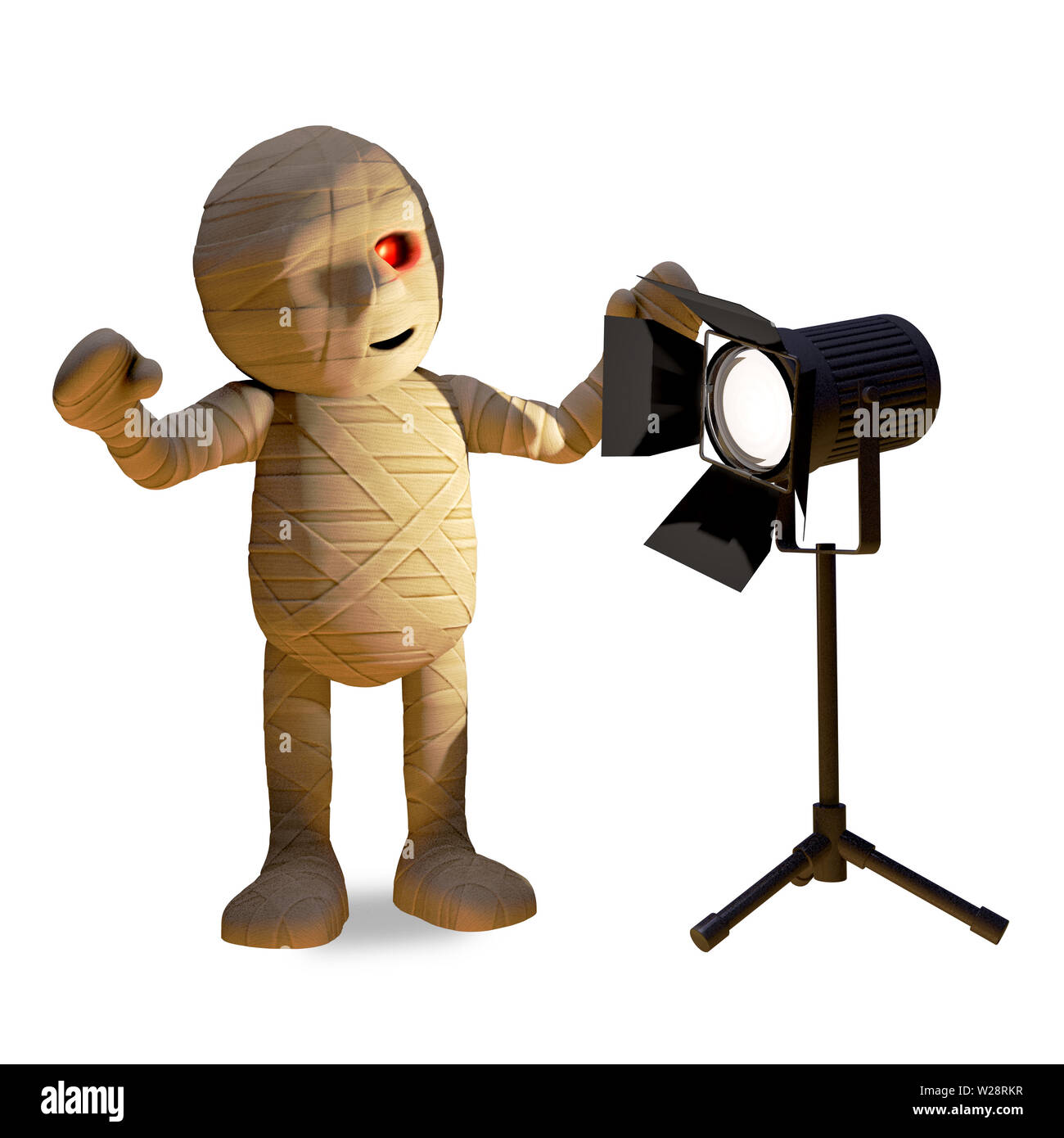 Dazzled Egyptian mummy monster stares into a studio light, 3d ...
