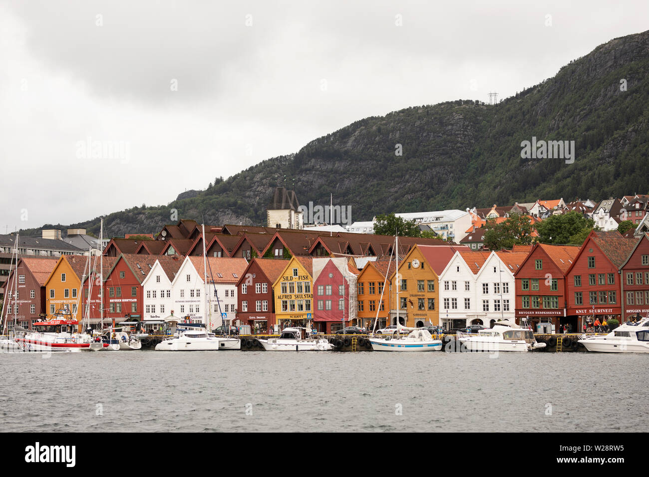 The colorful historic wooden buildings of the Hanseviertel Bryggen ...