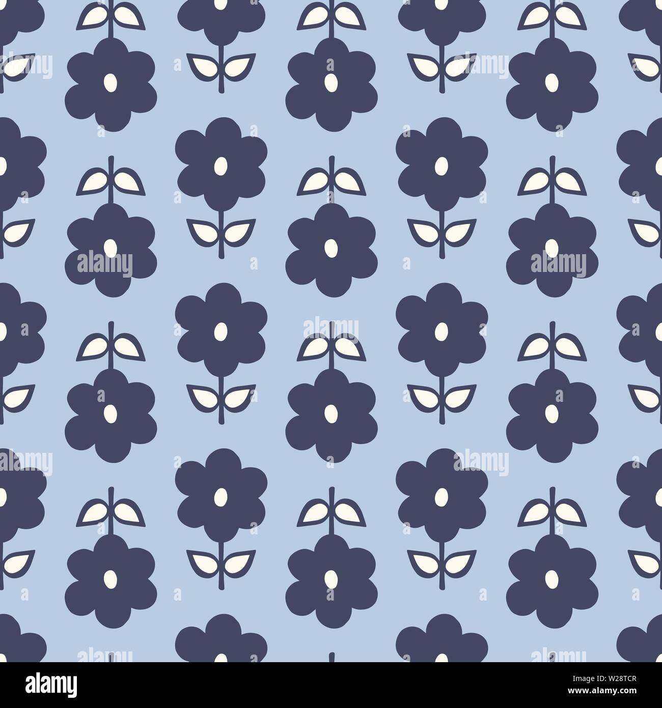 Seamless repeat pattern of stylized navy blue flowers and leaves in a ...