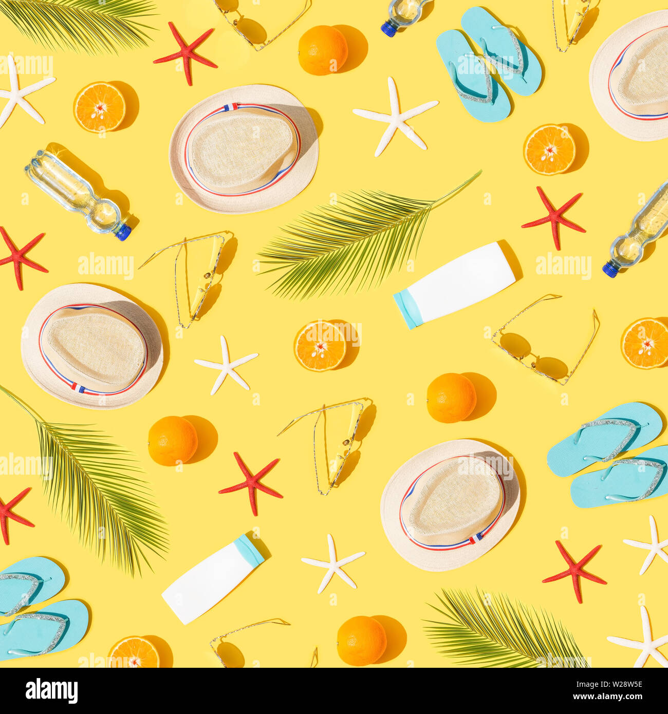 Beach concept - seamless pattern of beach accessories on yellow ...