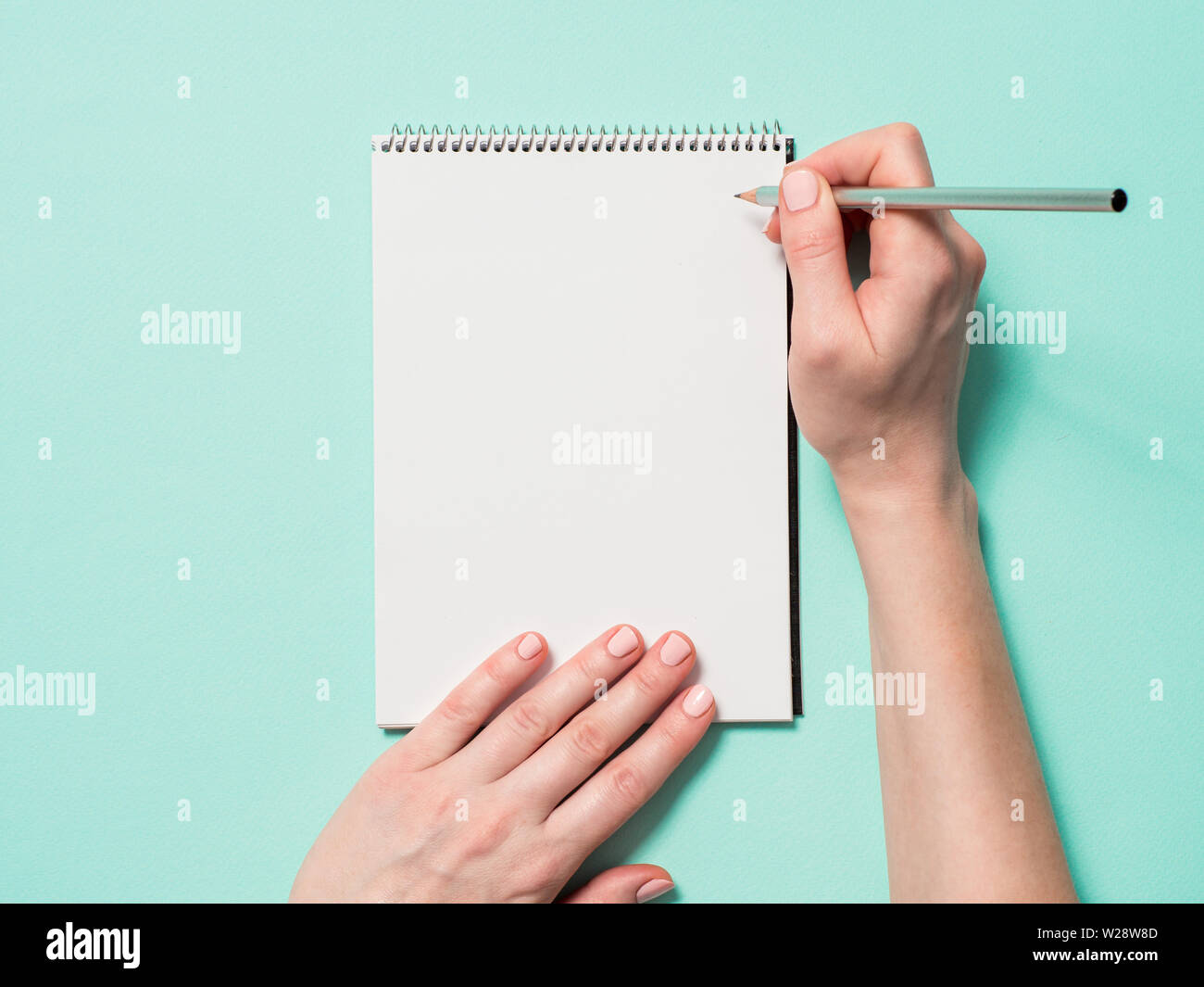 Blank paper notebook and female hands with pencil. Empty paper ...