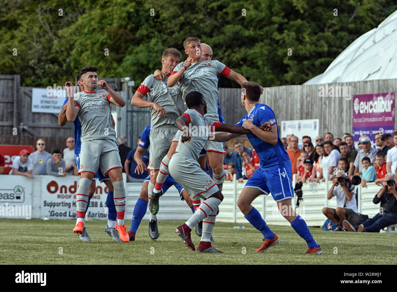 Swindon Town fc players go for goal after a cross in while Supermarine ...