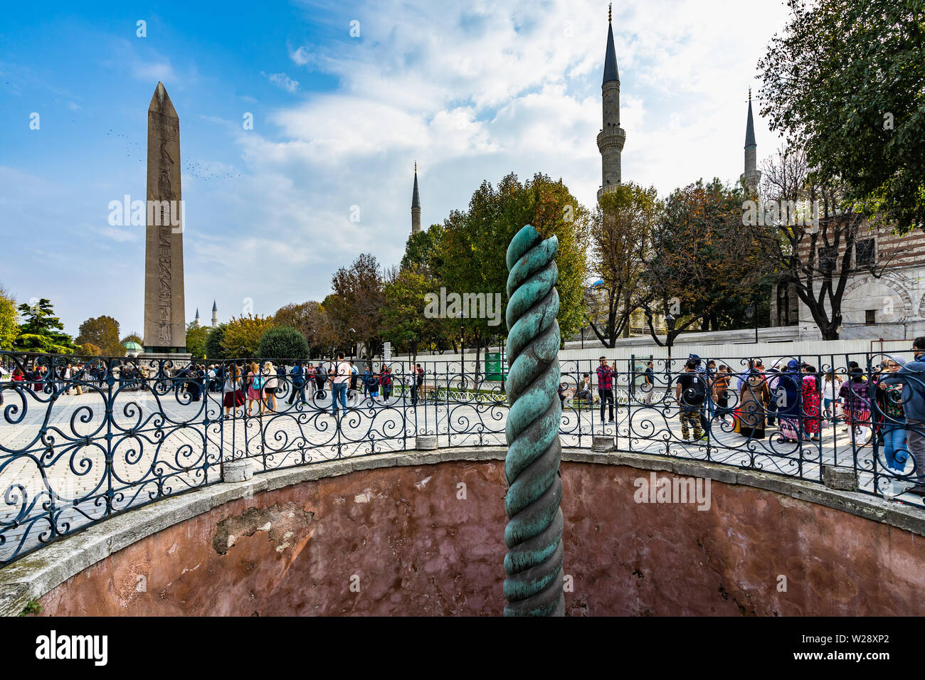 Istanbul old Hippodrome with the three most famous landmark: the ...