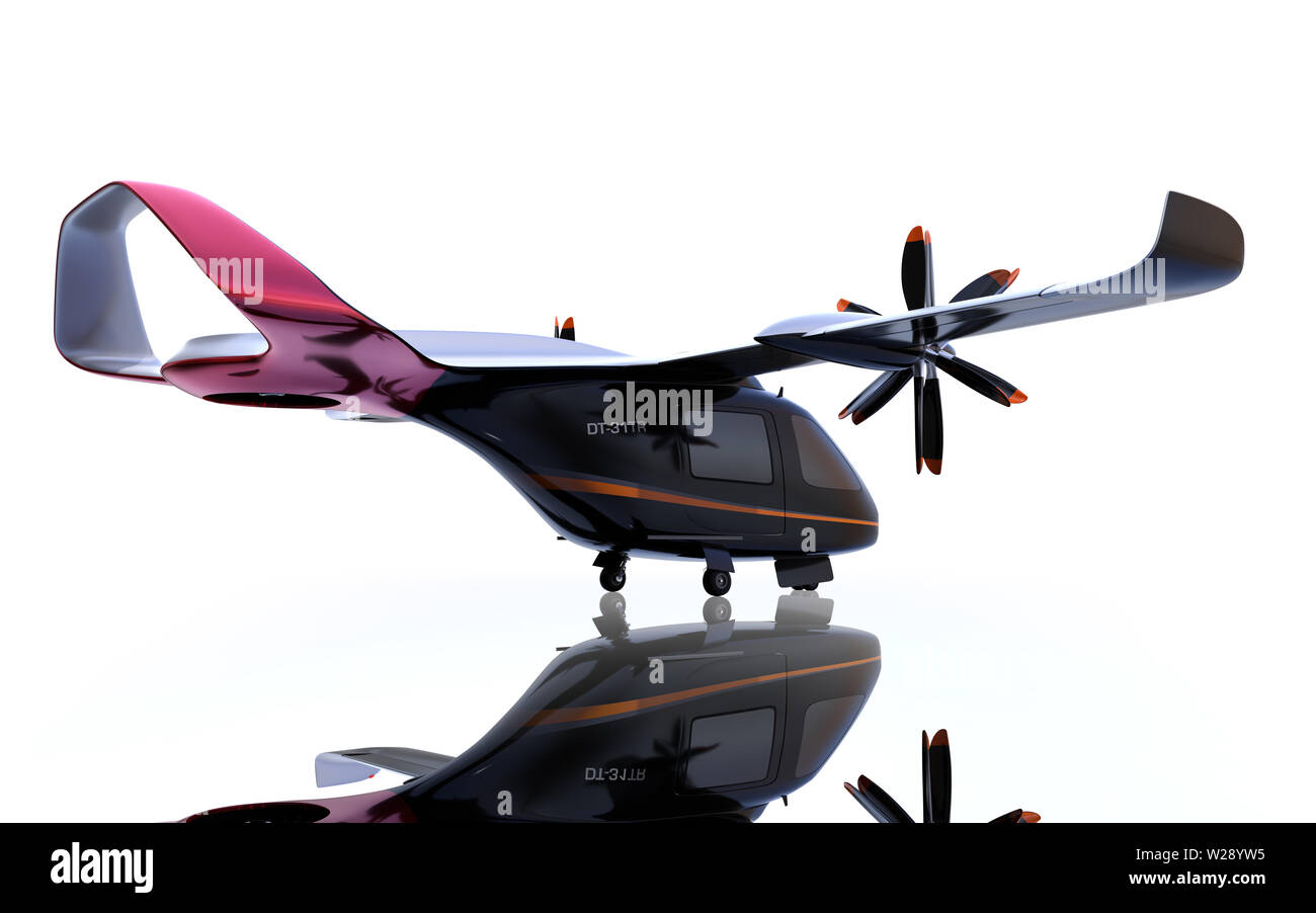 Rear view of E-VTOL passenger aircraft with mirror reflection on the ...