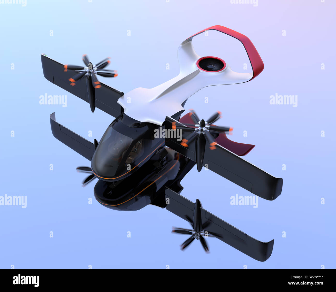 E-VTOL passenger aircraft preparing to takeoff. Mirror reflection on ...