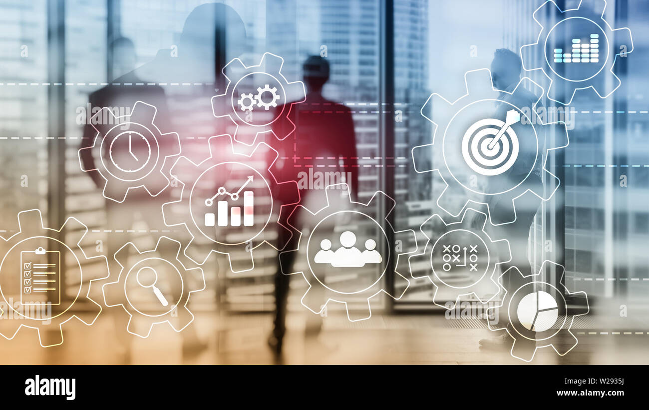 Business process automation concept. Gears and icons on abstract ...
