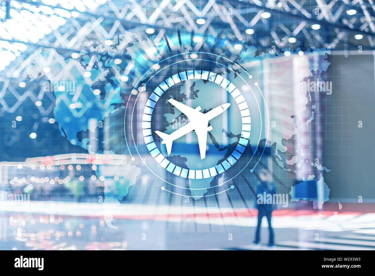 Airplane icon on virtual screen. Airplane transportation route network ...