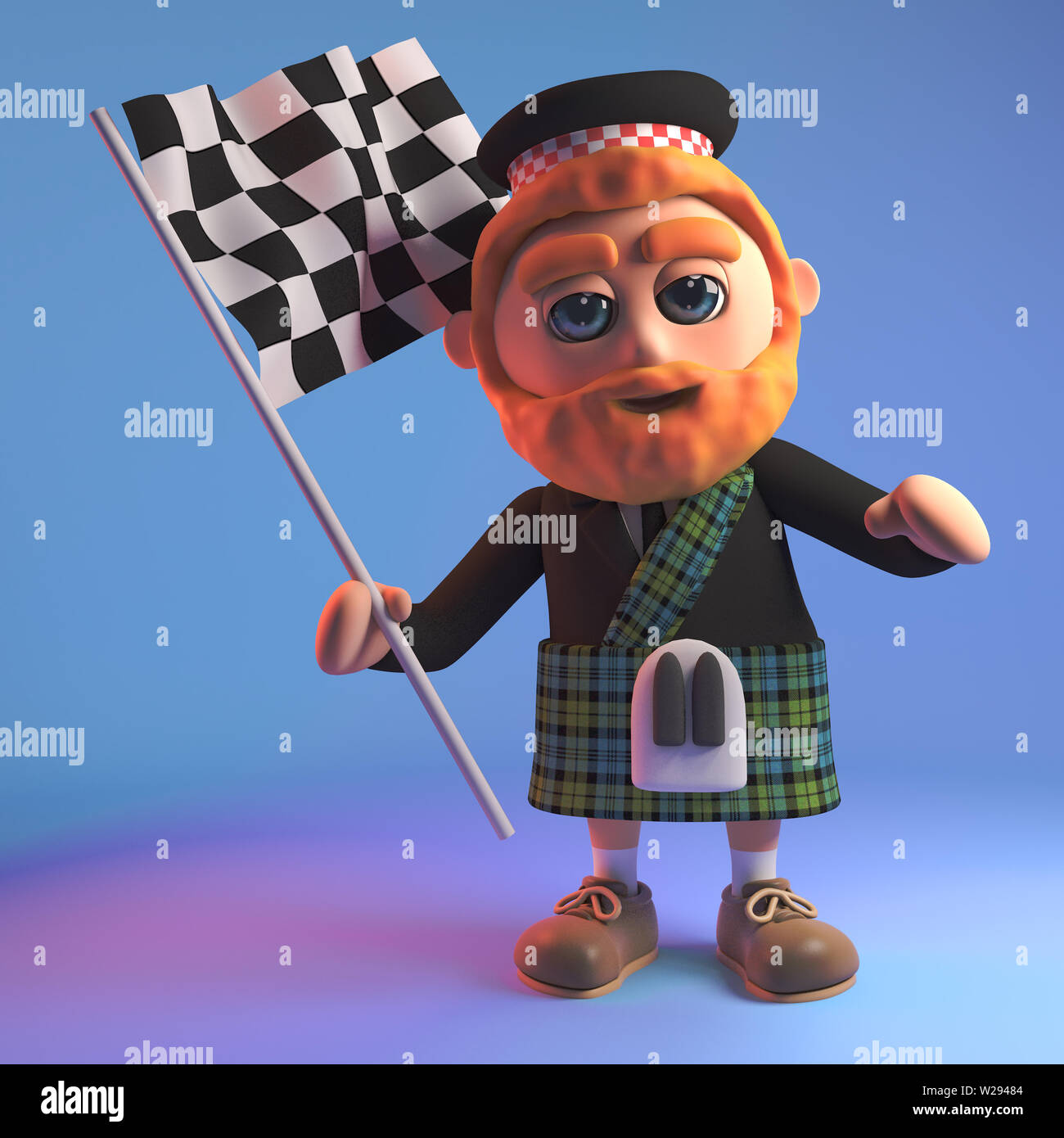 Cartoon Scottish man waving a checkered flag, 3d illustration render ...