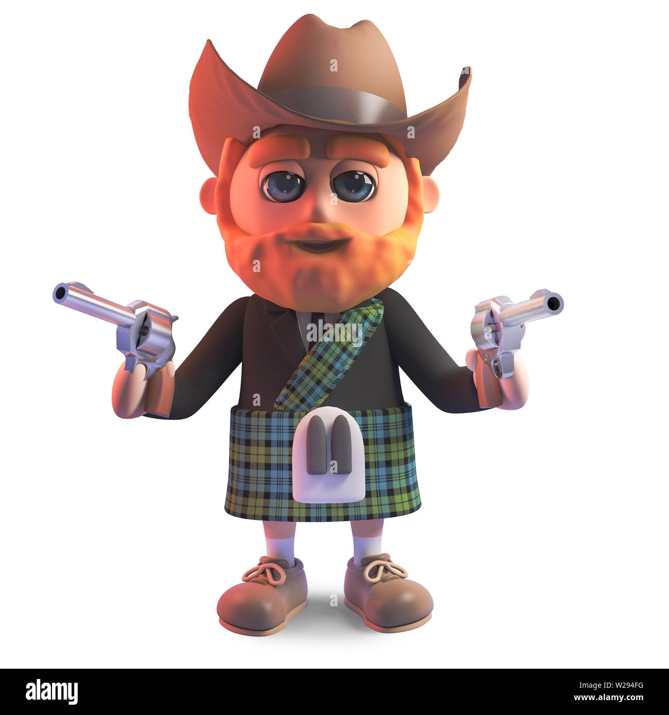 Outlaw Scottish man in kilt and stetson cowboy hat points pistols, 3d ...