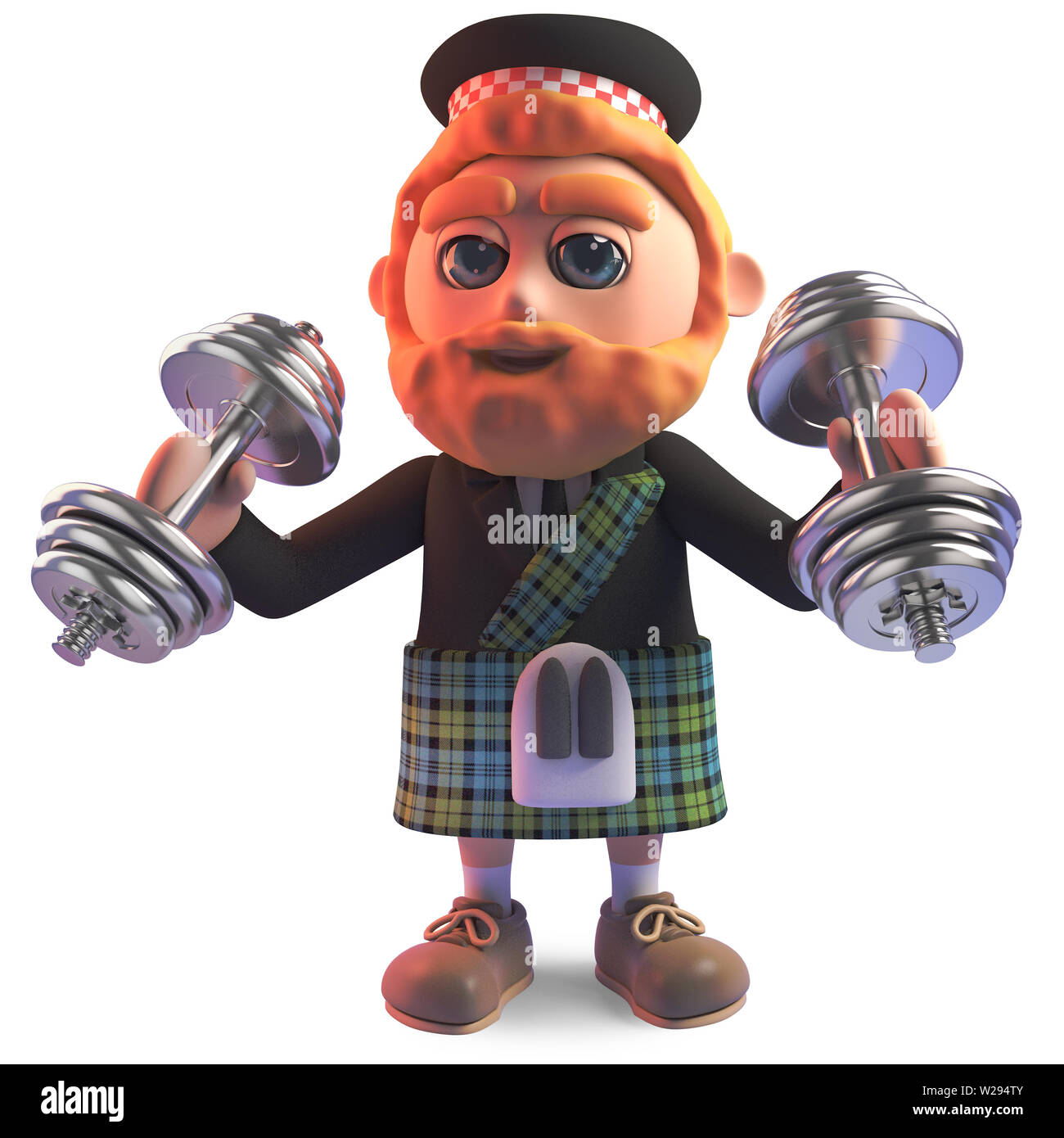 Scottish man in kilt keeps fit lifting weights every day, 3d ...