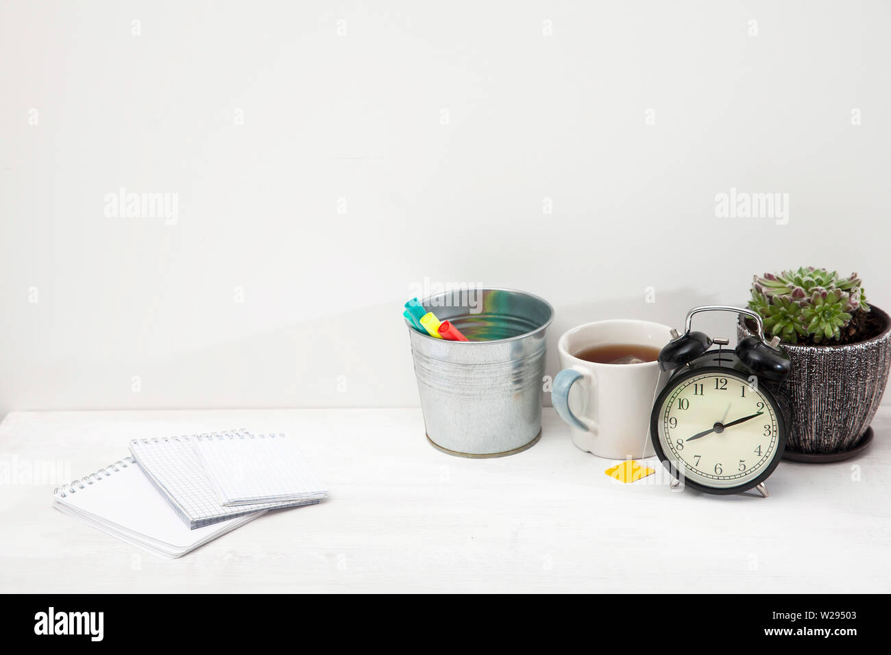 Copy space. Workplace office worker with accessories and white desk ...