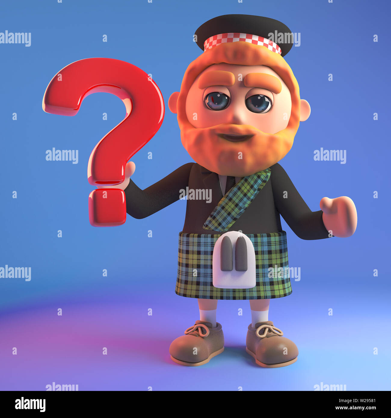 Cartoon Scottish man in kilt holds a question mark symbol, 3d ...