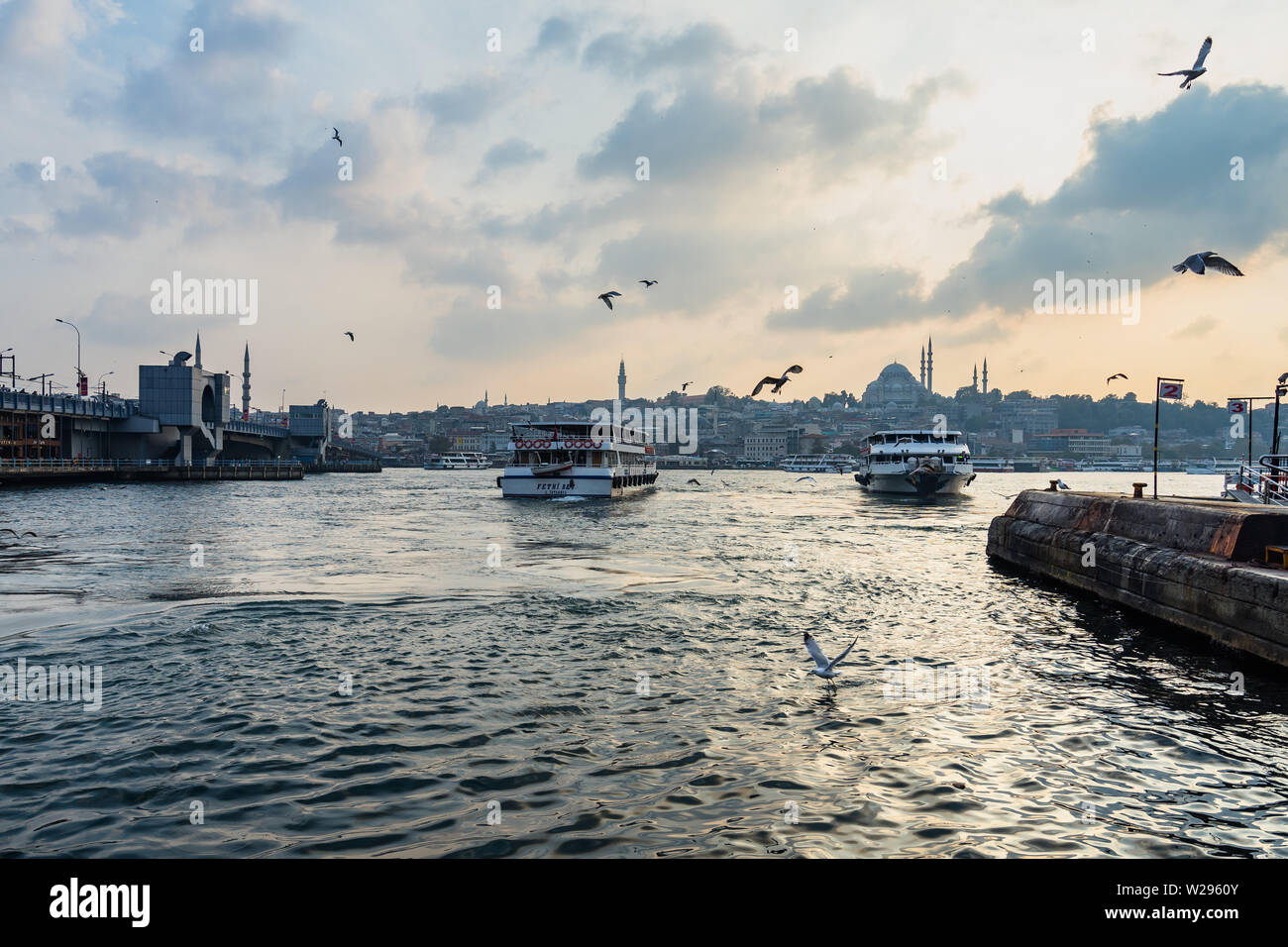 Scenic view of Istanbul from Karakoy pier near Galata Bridge, with the ...