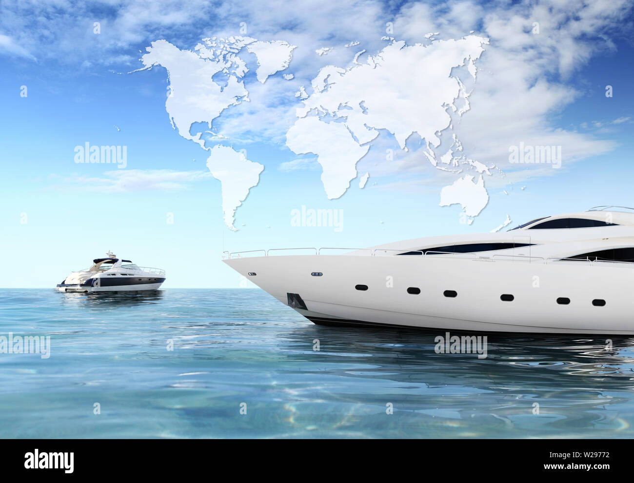 a luxury private motor yacht on tropical sea surface with blue sky ...