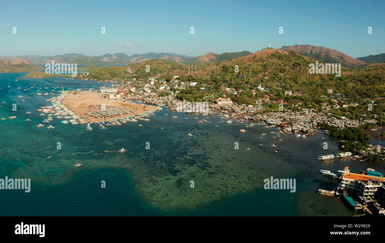 aerial view Coron City, tourist destination in the Philippines.Pier and ...