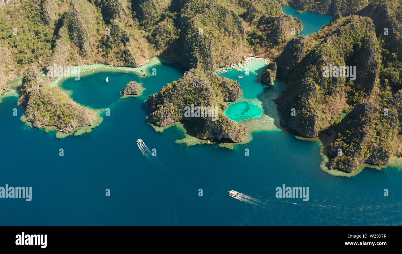 Aerial drone lagoons and coves with blue water among the rocks. lagoon ...