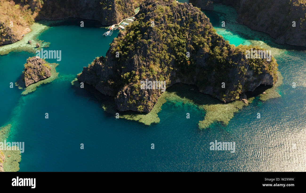 Aerial drone lagoons and coves with blue water among the rocks. lagoon ...