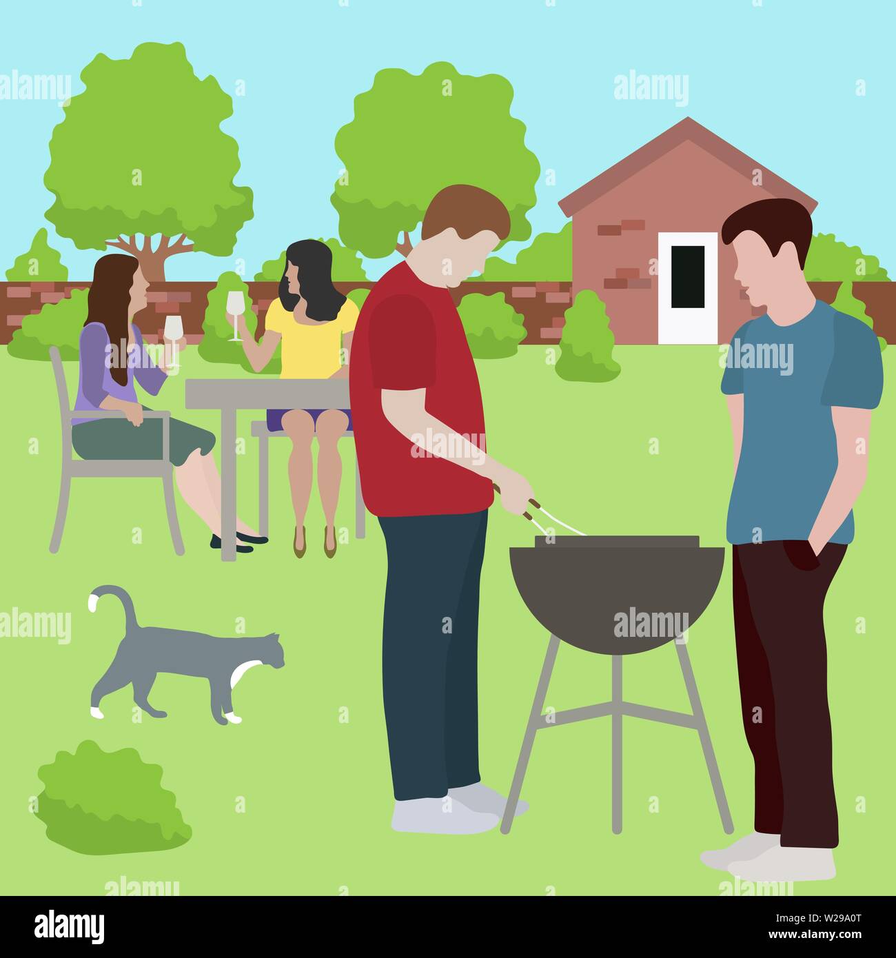 Vector illustration with people having bbq party in the backyard. BBQ ...