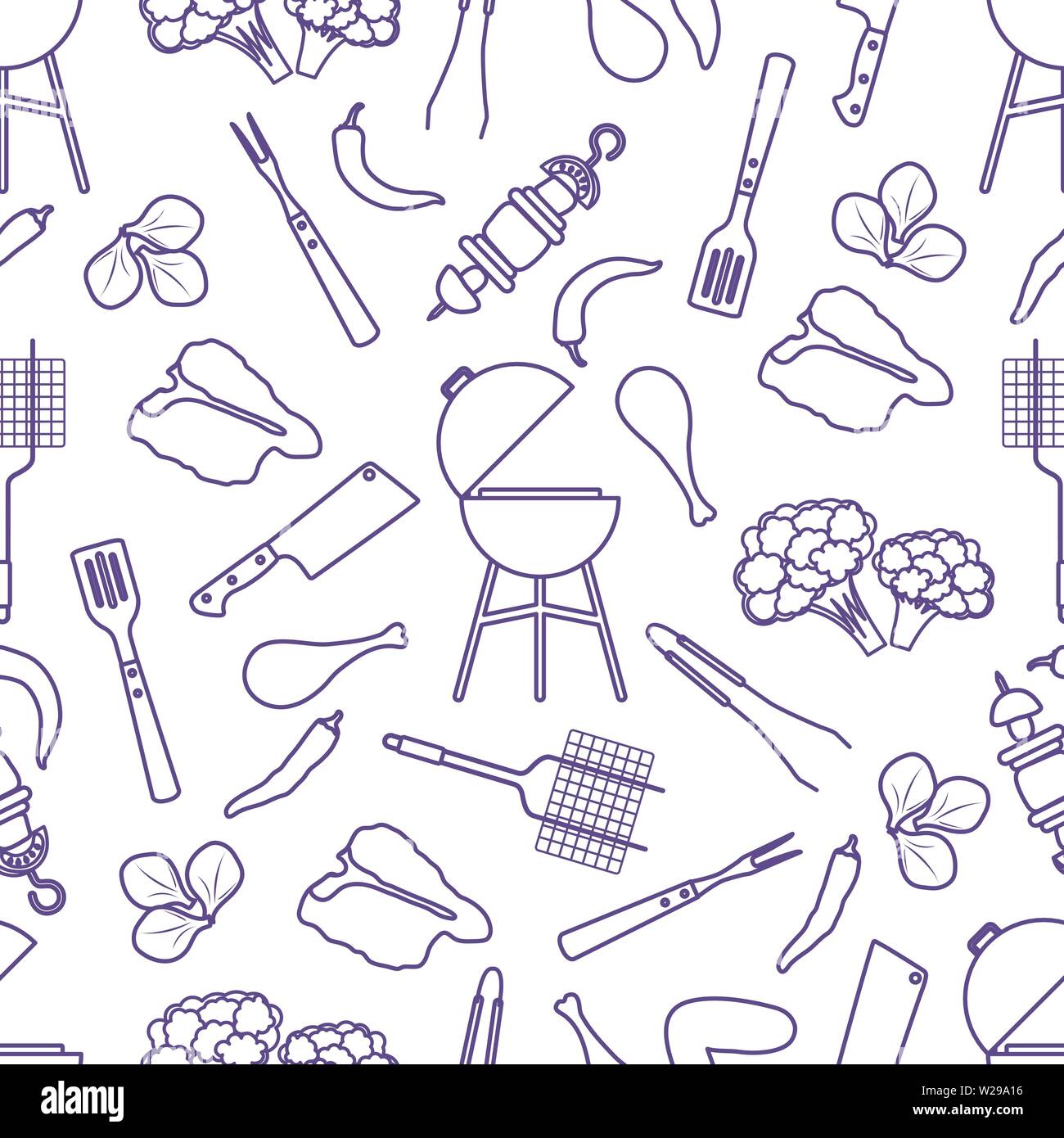 Seamless pattern with grill and barbecue tools, food. BBQ party ...